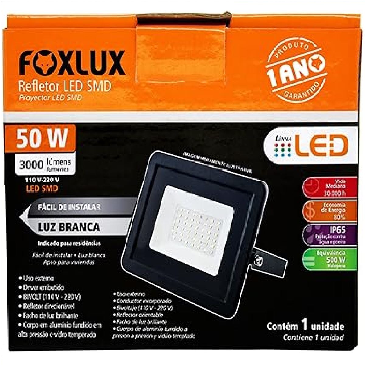 Refletor LED 50W 6500K preto bivolt - FOXLUX - Refletor LED 50W 6500K ...